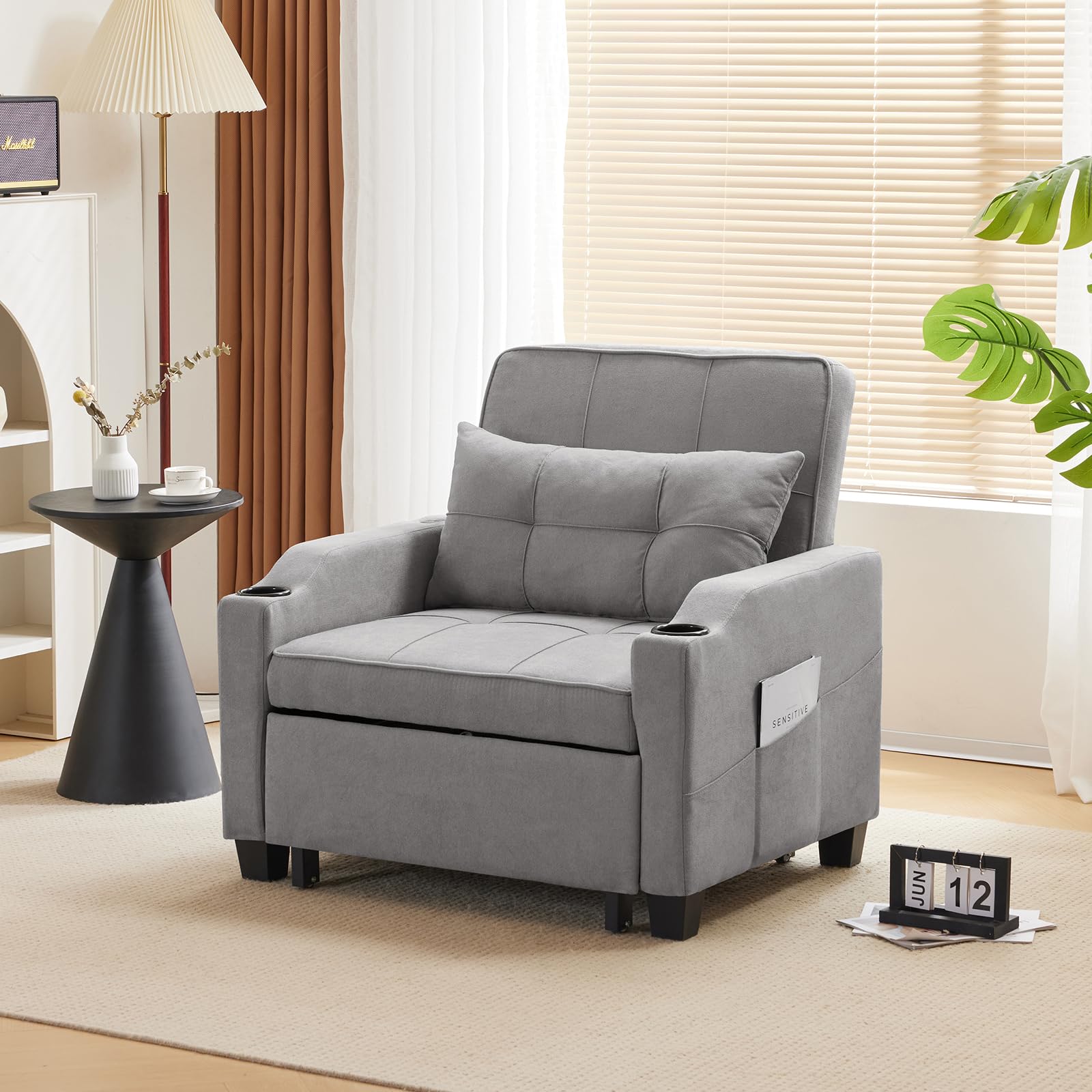 VINGLI Convertible Sleeper Chair 3-in-1 Sofa Bed Light Gray, Pull Out Couch Sleeper Sofa Recliner with USB Ports, Cup Holders, Side Pockets for Small Space Living Room, Bedroom