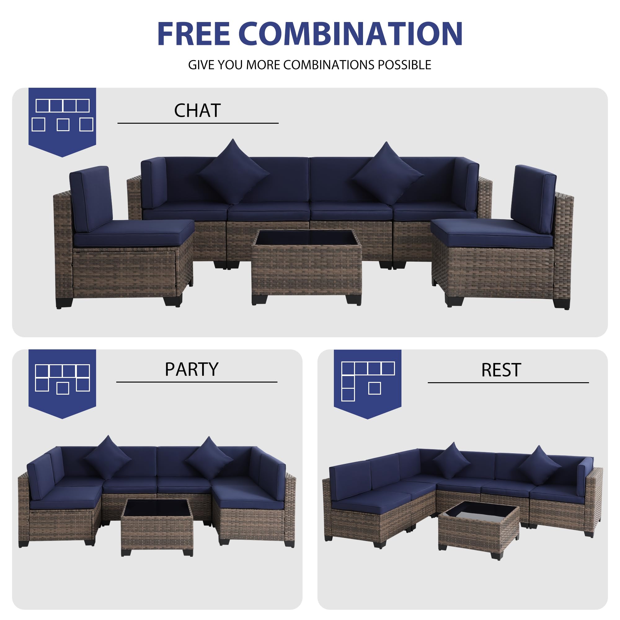 YOCONYO 7 Pieces Patio Furniture Set, Outdoor Furniture Patio Conversation Set, All Weather Rattan Wicker Couch, Sectional Sofa with Cushions and Glass Table for Garden, Backyard, Poolside, Brown-Navy