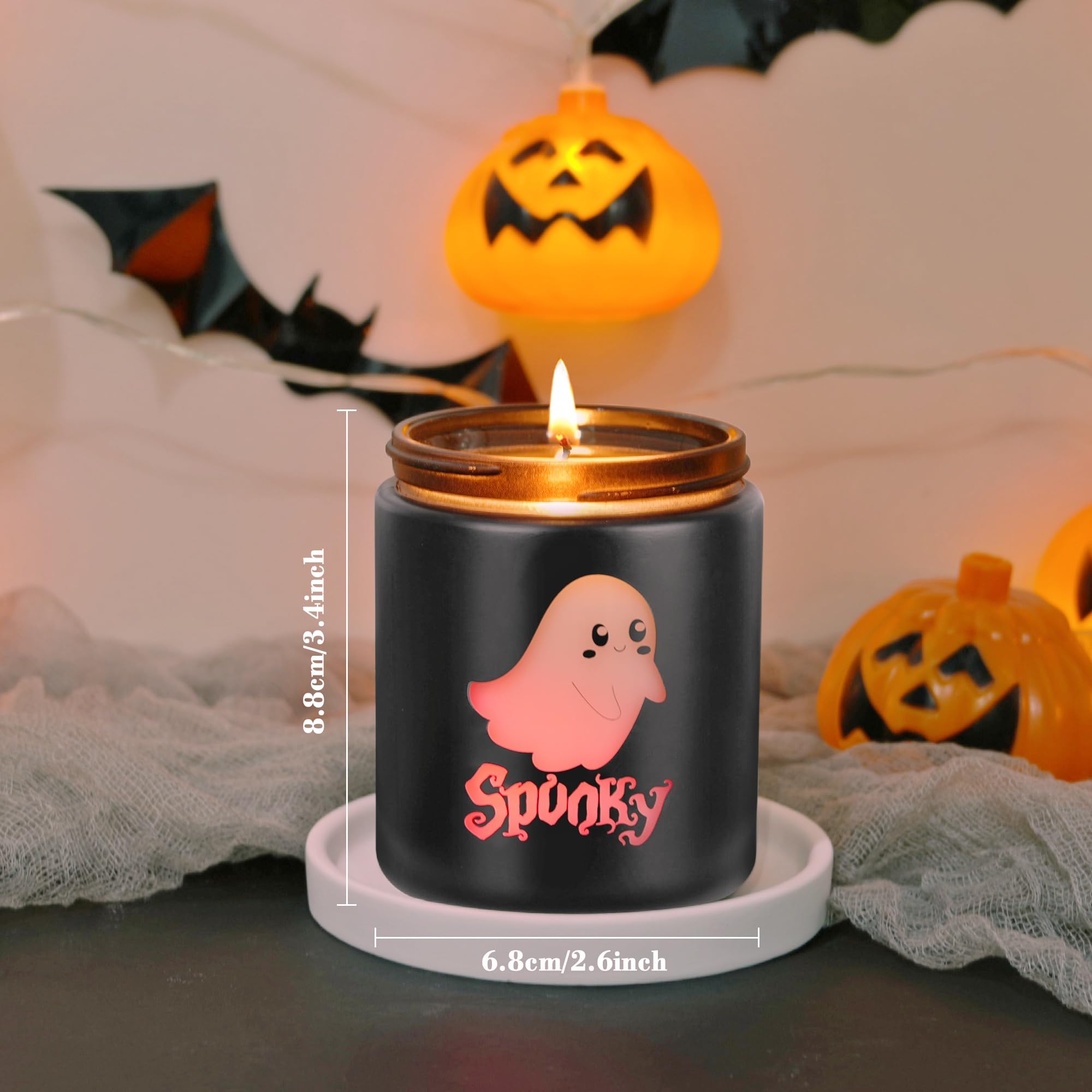 Halloween Candles Ghost Decorations, Fall Candles for Home, Halloween Candle with Cute Ghosts Print Changing Lights, Spooky Halloween Gifts for Women, 9oz Natural Lavender Candle