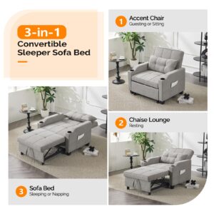 VINGLI Convertible Sleeper Chair 3-in-1 Sofa Bed Light Gray, Pull Out Couch Sleeper Sofa Recliner with USB Ports, Cup Holders, Side Pockets for Small Space Living Room, Bedroom