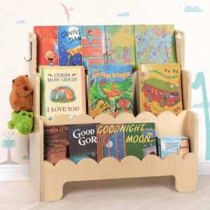 tohiasen kids bookshelf wooden 3-tier, scalloped book shelf for kids rooms, front facing toddler montessori bookshelf, baby nursery book shelves kids classroom bookshelf bookcase