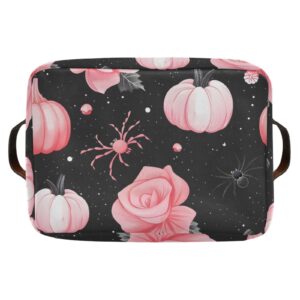 Storage Basket Halloween Pink Pumpkin with Rose Canvas Collapsible Box Organizer Bin with Handles