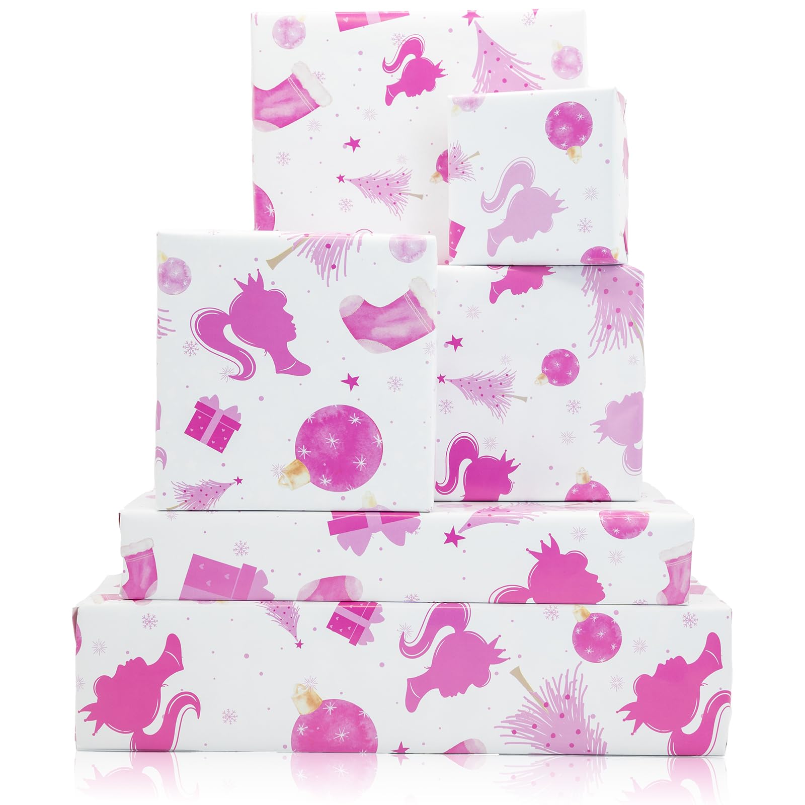 Vnaaem Pink Christmas Wrapping Paper for Girls Kids - Princess Christmas Tree Stocking Gift Design Cute Xmas Gift Wrap for Holiday Party Baby Shower Wedding Winter Birthday, 19.6 X 27.8Inch Per Sheet(6 Sheets)