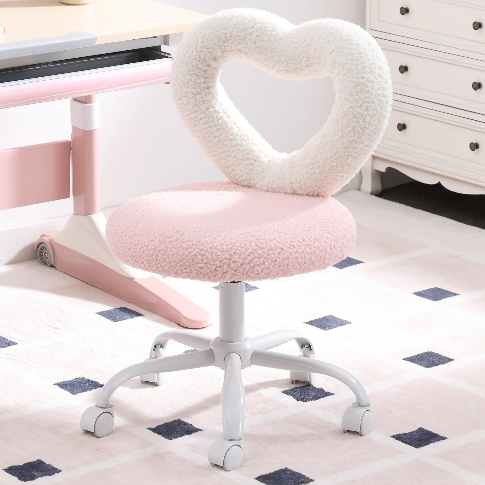 DUOMAY Faux Fur Kids Desk Chair, Heart Back Upholstered Computer Chair for Boys and Girls Cute Swivel Height Adjsutable Study Arm Chair for Child Home Bedroom, Pink & White