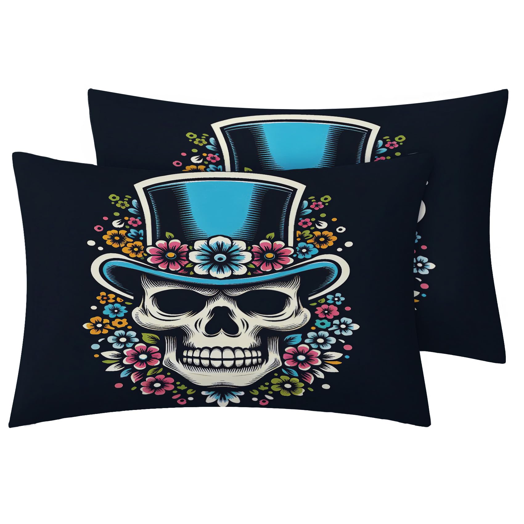 zcwl Day of The Dead Duvet Cover Queen Size | Hat Skull Floral Bedding Set | 3 Piece | Soft Microfiber Patterned Comforter Cover with Zipper Ties & 2 Pillowcases | Mexican Bedroom Decor