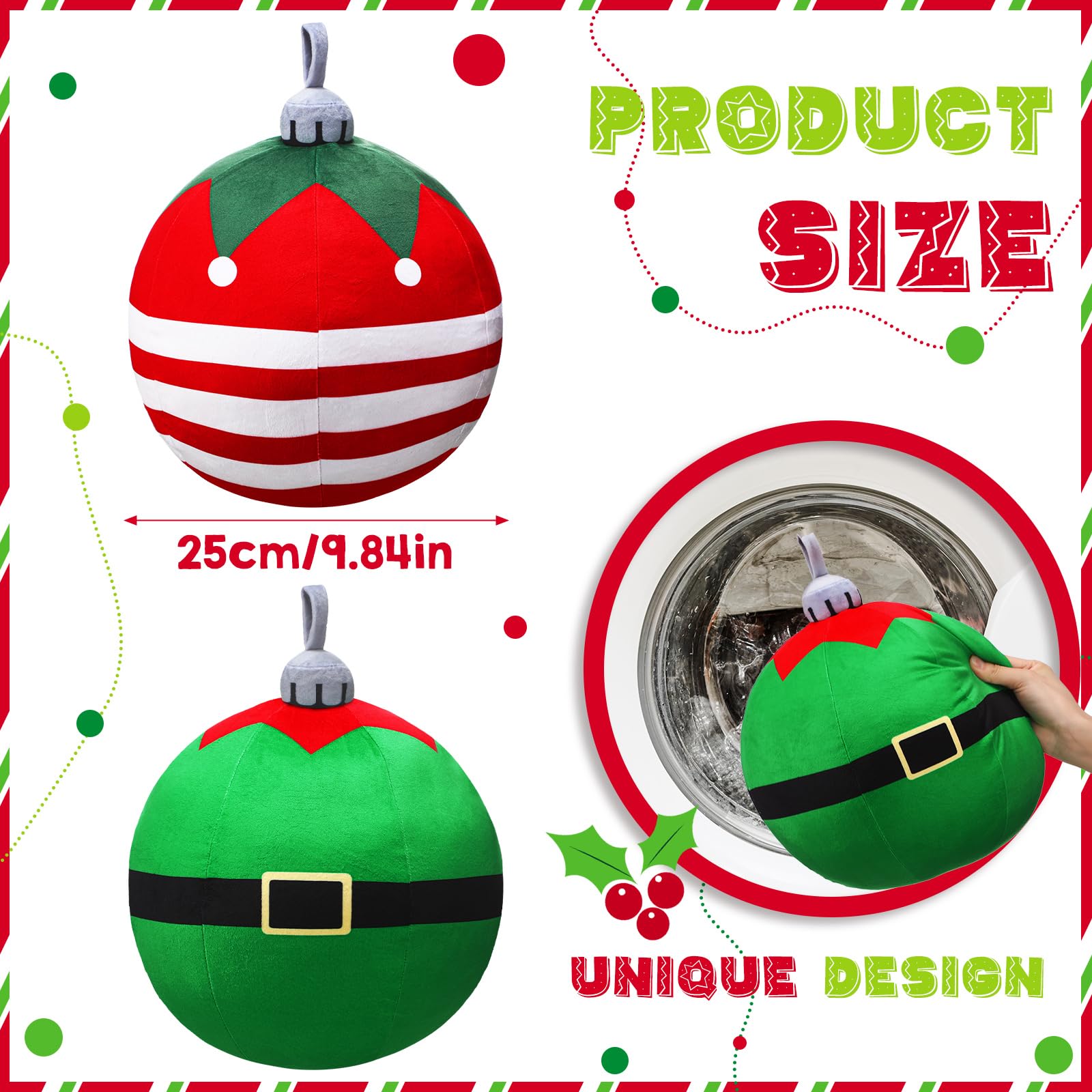 Cinnvoice 2 Pcs Christmas Bell Pillow 9.8 Inch Xmas Round Throw Pillow Elf Balls Velvet Pillows Christmas Home Gift Holiday Decor Cushion for Couch Chair Bed Bedroom Living Room Decoration