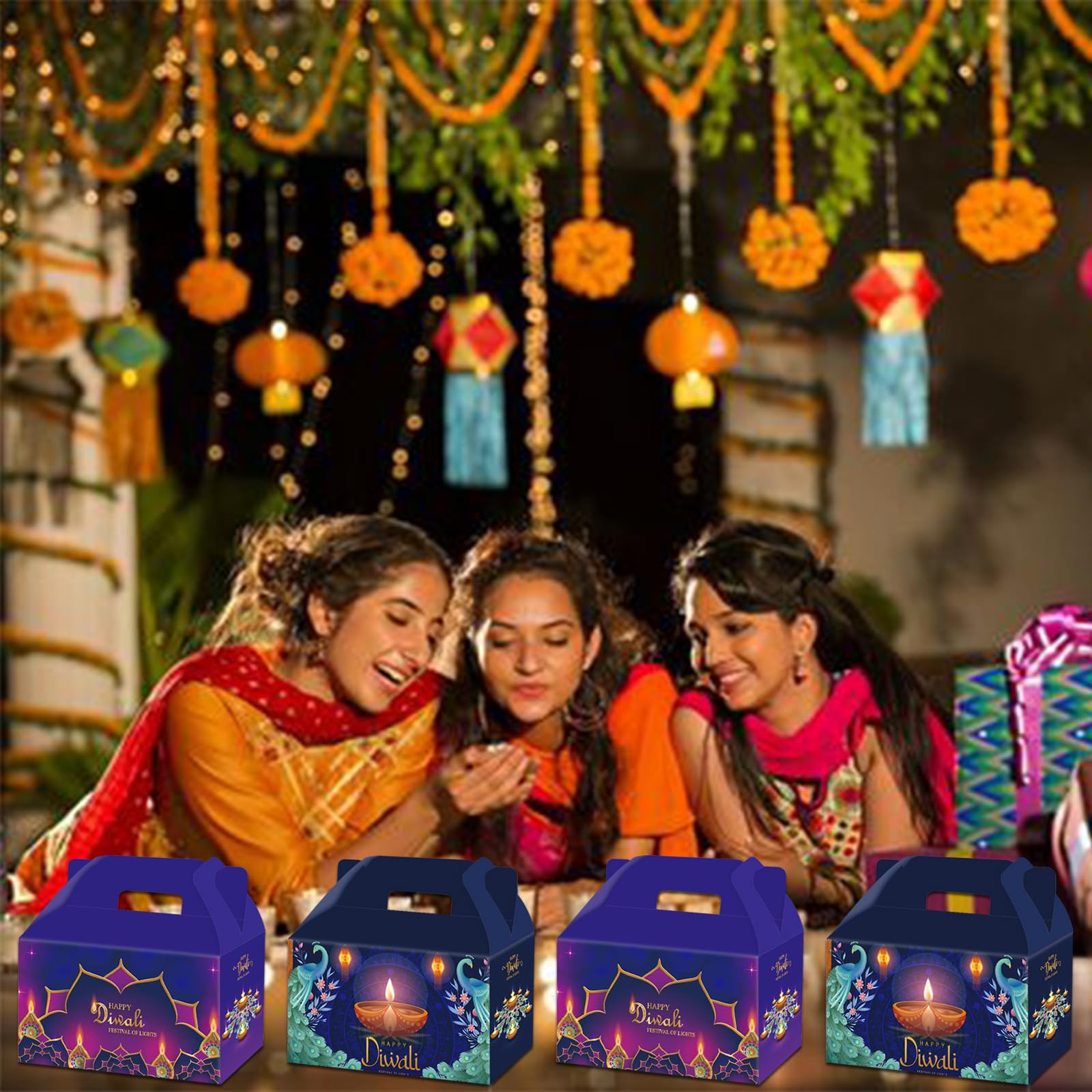 ANYMONYPF 16 Pcs Happy Diwali Treat Boxes Party Favors Diwali Gift Boxes Indian Deepavali Festival of Lights Goodie Gable Boxes Decoration for Diwali Party Supplies