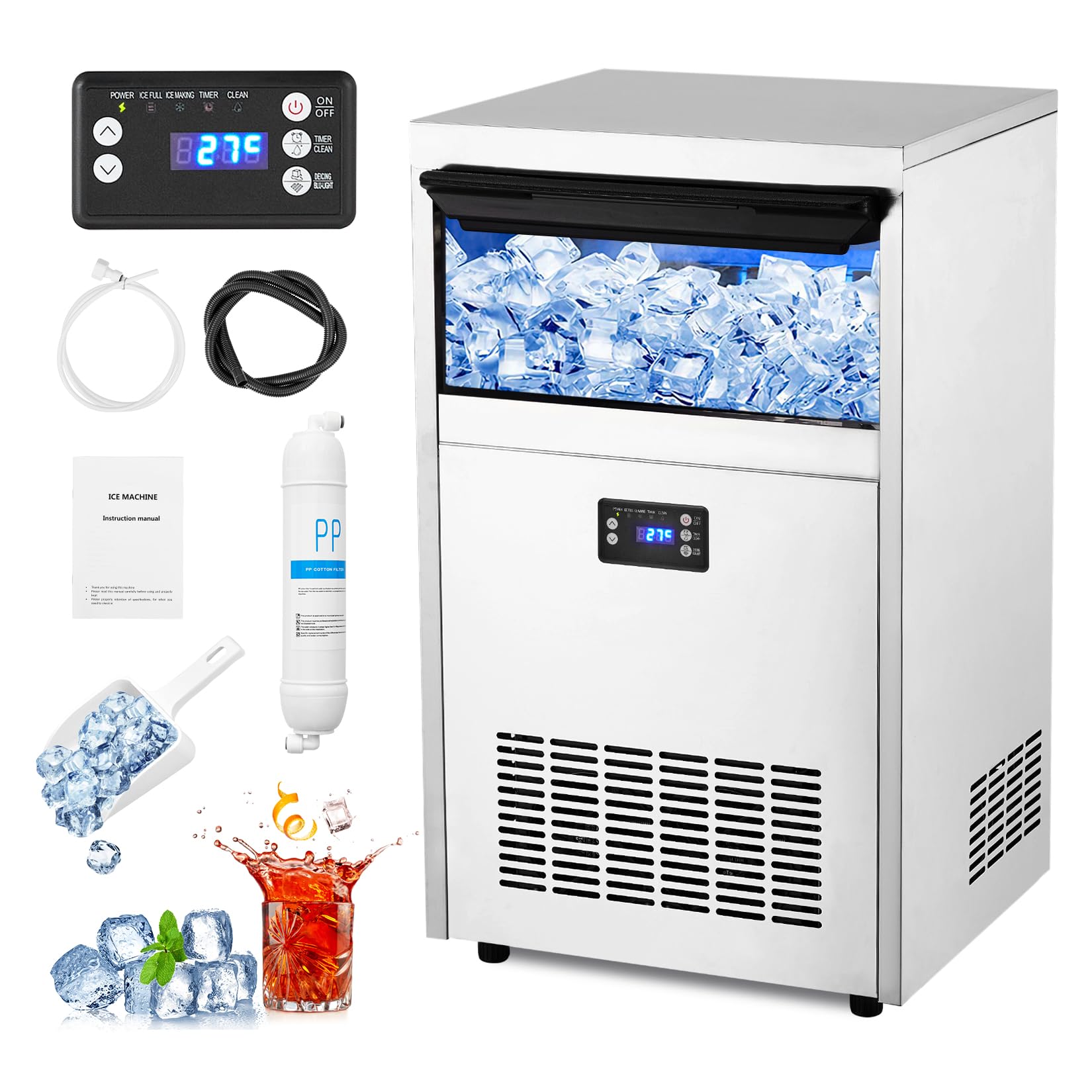 Towallmark Commercial Ice Maker Machine, 120Lbs/24H, 45Lbs Storage Bin, 0.9Inch Thick Ice Cube Ice Machine Automatic Cleaning Function Ideal for Home, Bar, Hotel, Restaurant