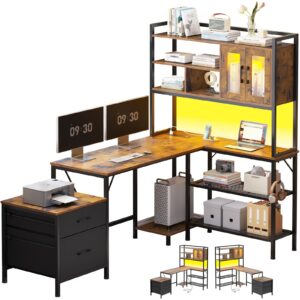 UPOSOJA L Shaped Computer Desk, 69.7in Gaming Desk with Hutch, Home Office Desk with Power Outlet, Bookshelf Led Strip File Cabinet Printer Rack (Brown, 1 Hutch)