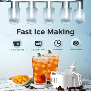 Ice Maker Countertop Portable Compact Small Mini Bullet Ice Machine with Self-Cleaning,9 Bullet Ice Cubes in 6 Mins,26Lbs/24H, Bullet Ice Maker with Scoop and Basket for Home Indoor Outdoor Camping