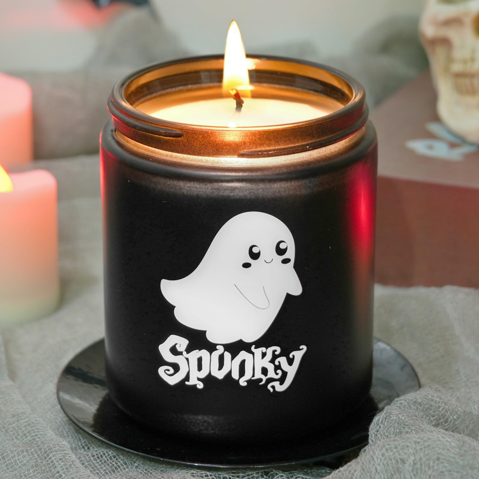 Halloween Candles Ghost Decorations, Fall Candles for Home, Halloween Candle with Cute Ghosts Print Changing Lights, Spooky Halloween Gifts for Women, 9oz Natural Lavender Candle