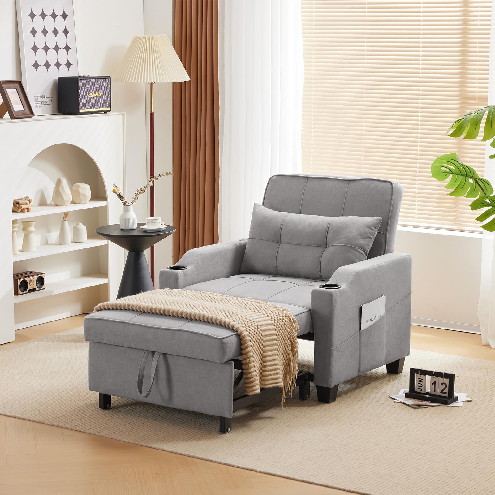 VINGLI Convertible Sleeper Chair 3-in-1 Sofa Bed Light Gray, Pull Out Couch Sleeper Sofa Recliner with USB Ports, Cup Holders, Side Pockets for Small Space Living Room, Bedroom