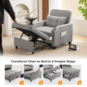 VINGLI Convertible Sleeper Chair 3-in-1 Sofa Bed Light Gray, Pull Out Couch Sleeper Sofa Recliner with USB Ports, Cup Holders, Side Pockets for Small Space Living Room, Bedroom