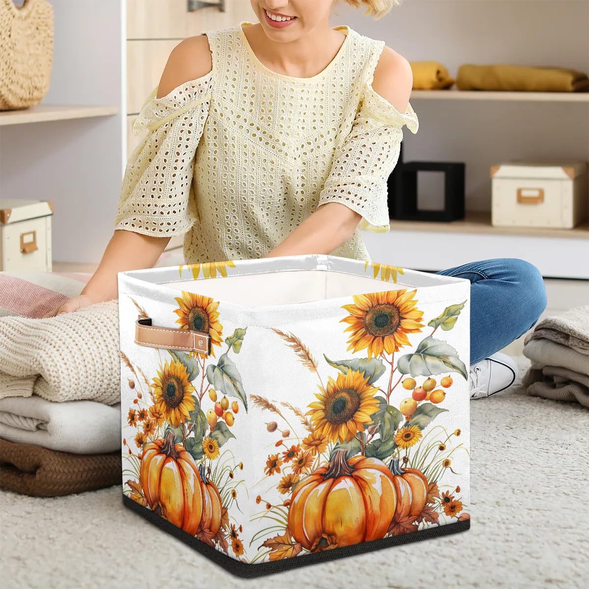 Tablerazzi Fall Pumpkin Simple Cube Storage Bin, 13 Inch Collapsible Fabric Storage Cube Bin, Foldable Cube Baskets for Shelf, Closet, Organizer