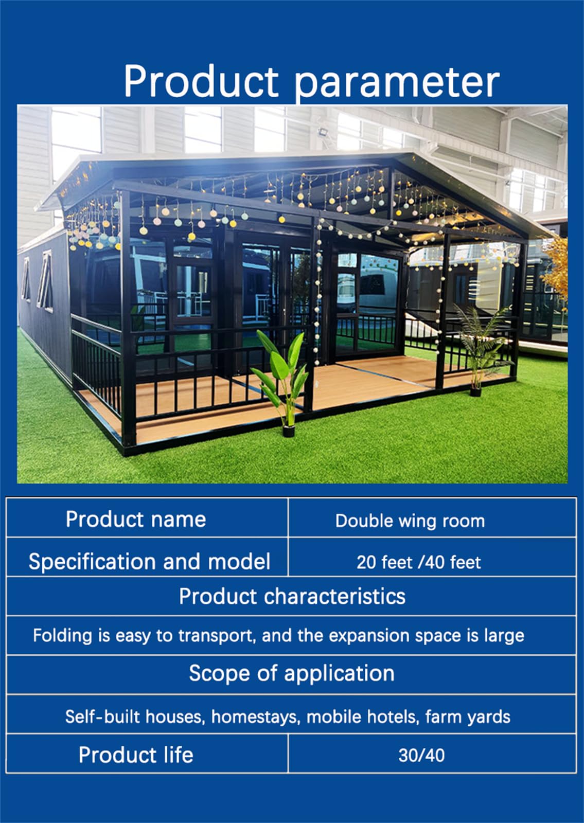 40Ft 20Ft Prefab Light Steel Folding Prefabricated Villa, 5 Bedroom, Shipping Container Expandable House