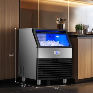 Commercial Ice Maker Machine 450 Lbs/24H, Ice Maker Commercial Stainless with 120 Lbs Storage, Freestanding Ice Maker Machine Ready Ice Cubes in 8-10 Mins, Thicknesses Adjustable