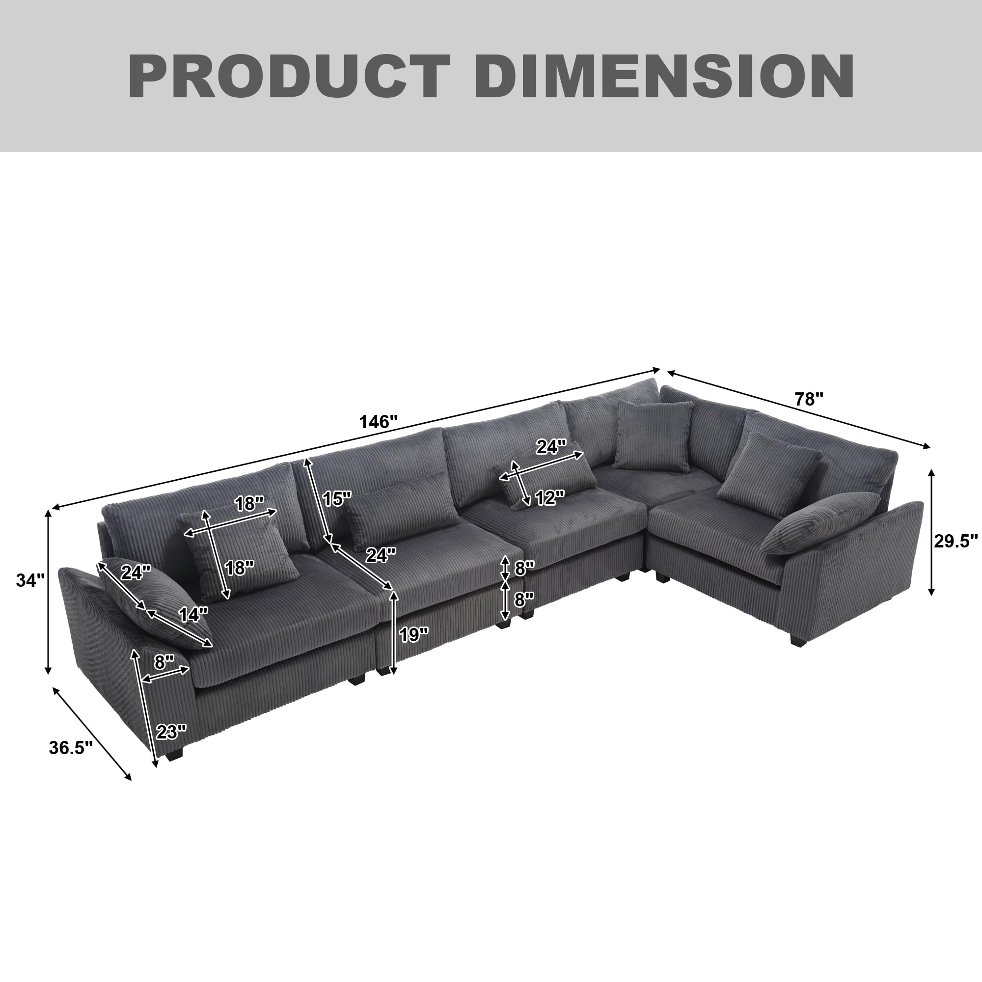 ATUMON 112" Oversized Corduroy Modular Sectional Sofa,L-Shaped Corner Couch with Detachable Cushion and 5 Throw Pillow,Deep Seat Comfy Upholstered Sofa (Dark Grey, 112" 5 Seater)