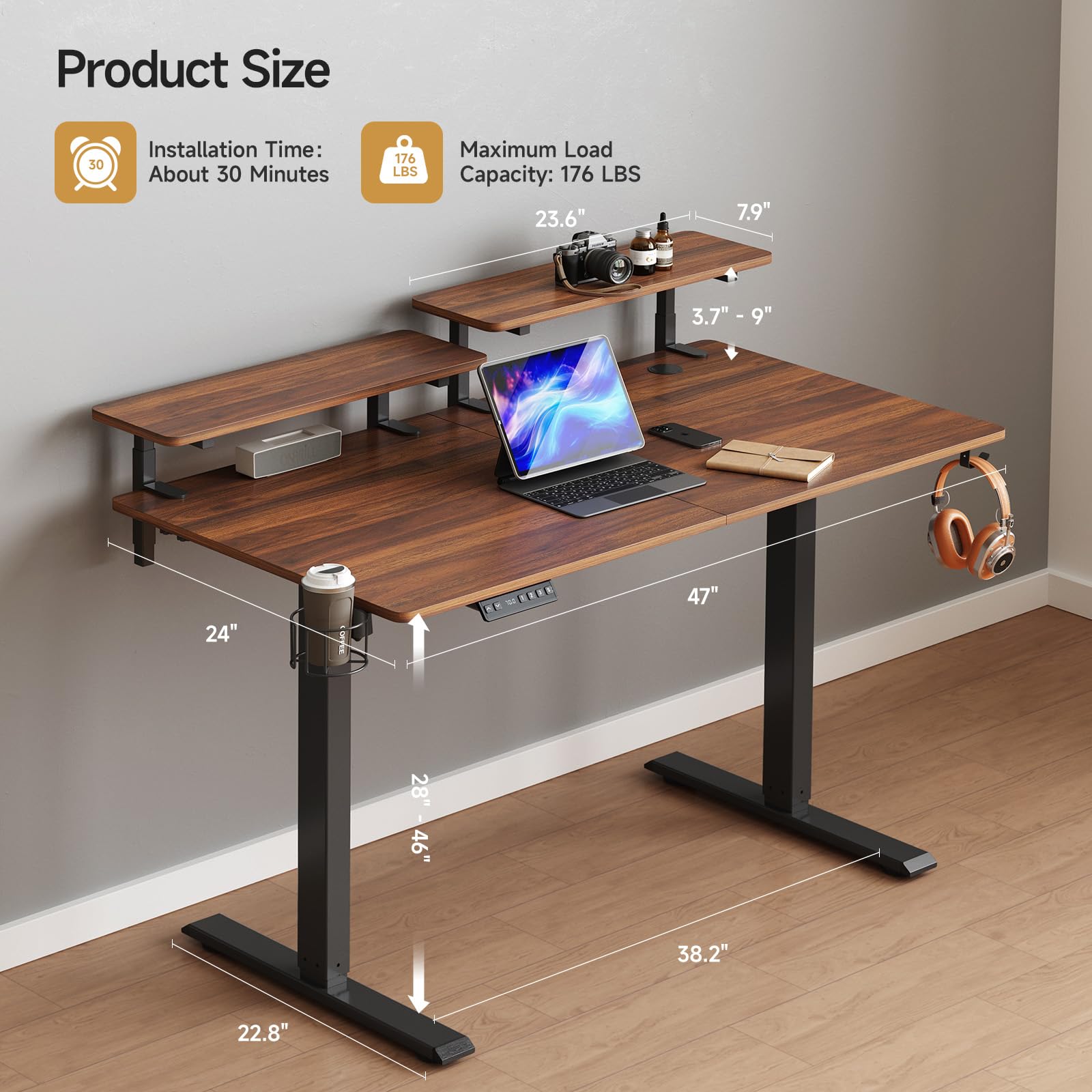 ONBRILL Standing Desk with 2 Adjustable Monitor Shelves, 47 x 24 Inches Electric Stand Up Desk with Memory Controller and Adjustable Height from 28-46 inches for Computer Workstations Brown