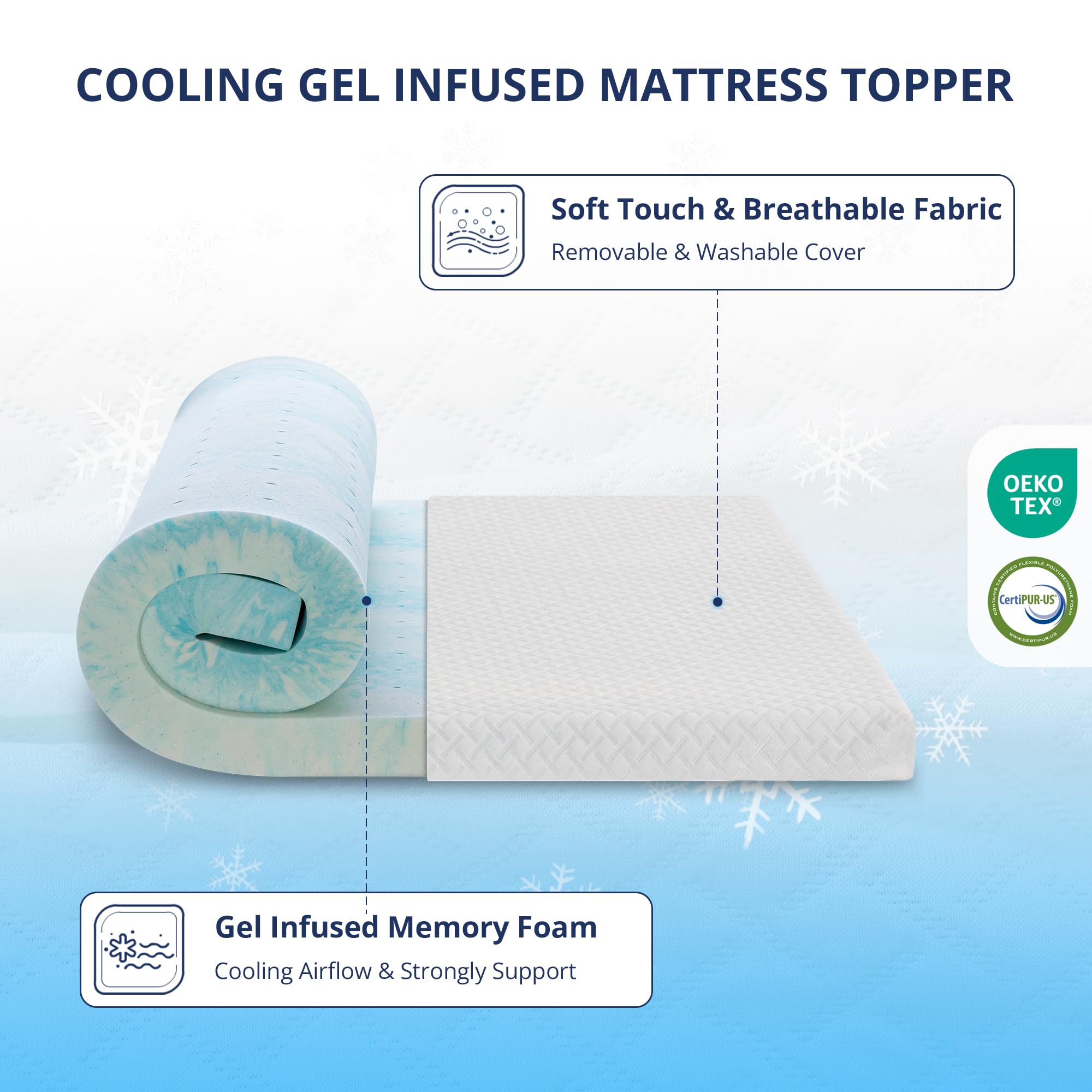 3 Inch Gel Memory Foam Mattress Topper Full Size, Cooling Bed Topper for Pressure Relief with Removable Breathable Soft Cover, CertiPUR-US Certified