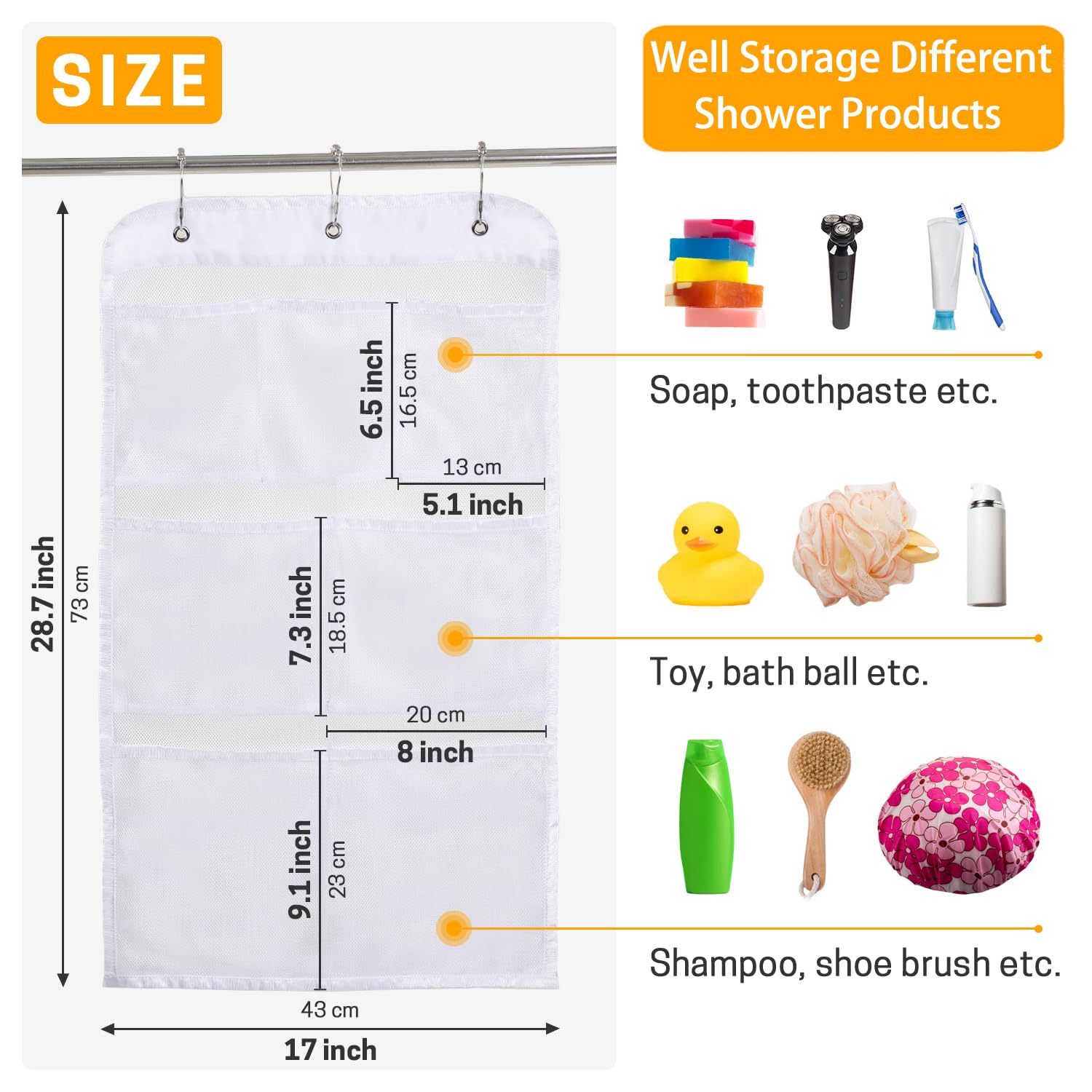 Mesh Shower Caddy Hanging Organizer 7 Pockets Bathroom Shower Pockets Storage Bag Quick Drying Shower Mesh with Curtain Hooks for Shampoo, Soap, Bath Toys & Cruise Ship Essentials, 29.5 x 17 in (1)