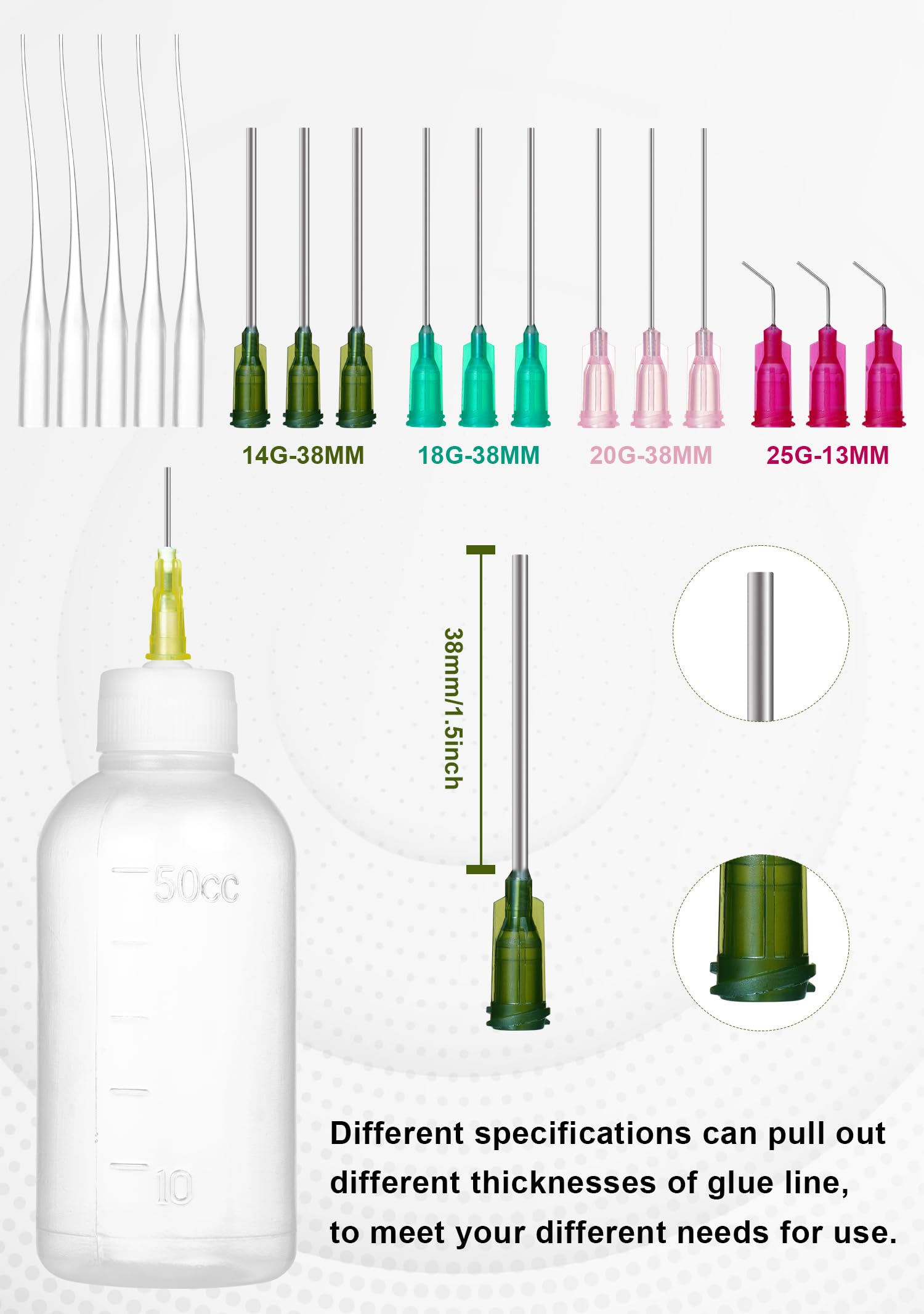 JIBENGAO 2 sizes needle tip squeeze bottle, precision tip applicator bottle with Blunt Needle Tip 14ga 18ga 20ga 25ga, Craft glue bottles for Craft Art Project,Paint Quilling Craft (30, 50 ML)