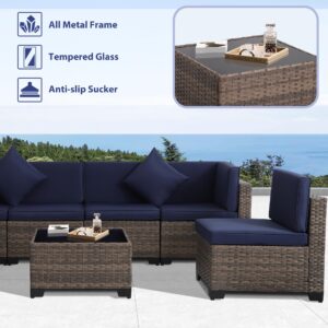 YOCONYO 7 Pieces Patio Furniture Set, Outdoor Furniture Patio Conversation Set, All Weather Rattan Wicker Couch, Sectional Sofa with Cushions and Glass Table for Garden, Backyard, Poolside, Brown-Navy