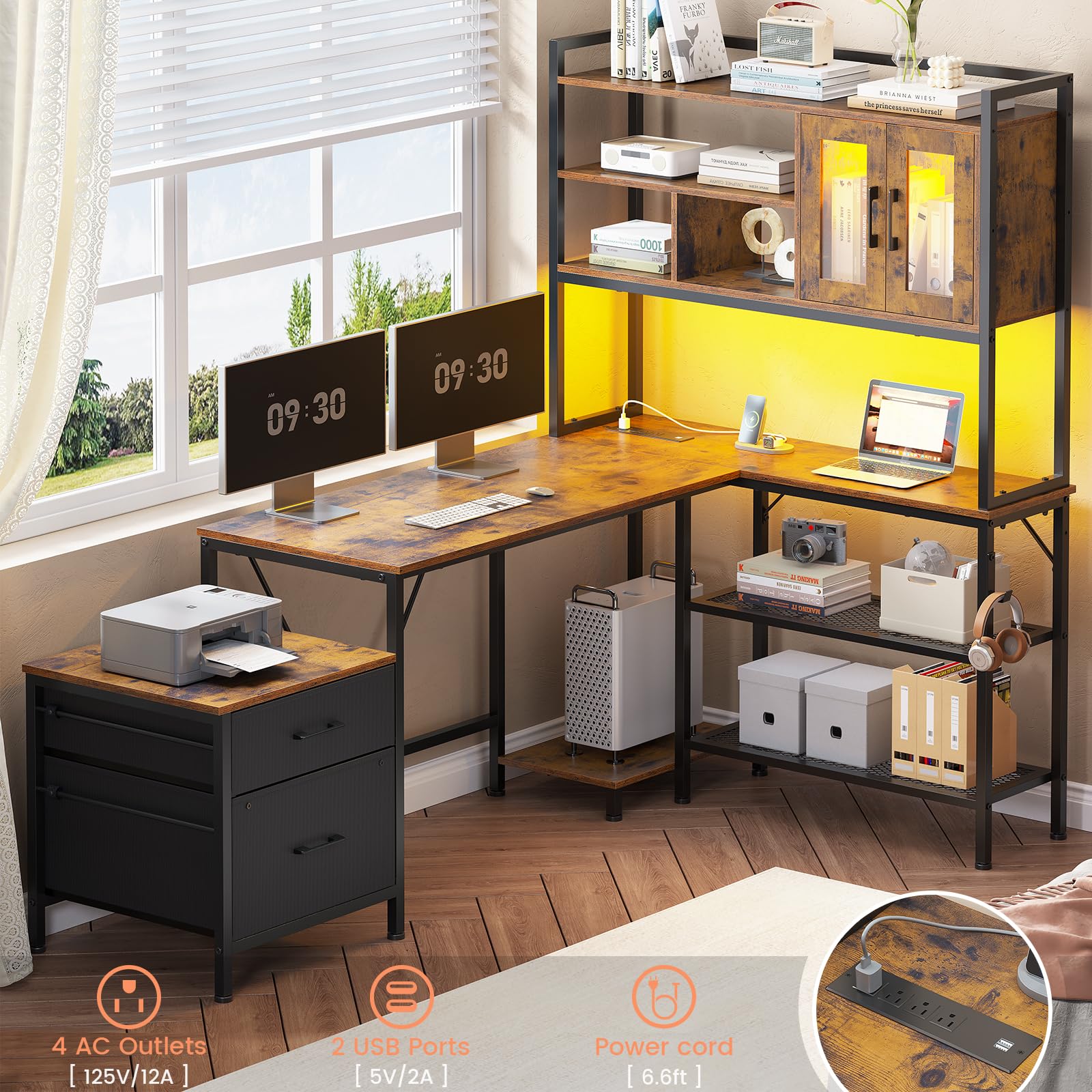 UPOSOJA L Shaped Computer Desk, 69.7in Gaming Desk with Hutch, Home Office Desk with Power Outlet, Bookshelf Led Strip File Cabinet Printer Rack (Brown, 1 Hutch)