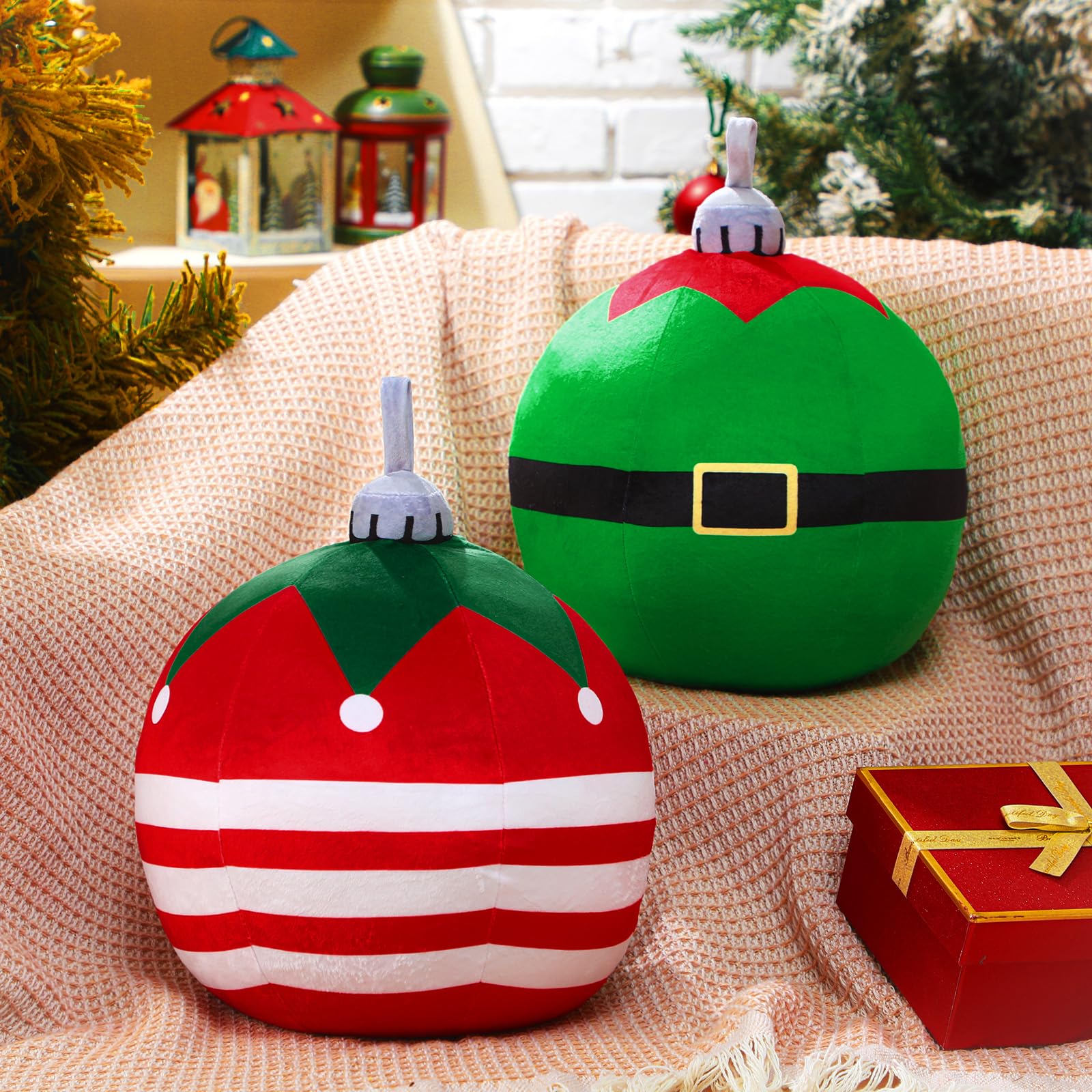 Cinnvoice 2 Pcs Christmas Bell Pillow 9.8 Inch Xmas Round Throw Pillow Elf Balls Velvet Pillows Christmas Home Gift Holiday Decor Cushion for Couch Chair Bed Bedroom Living Room Decoration