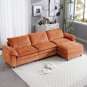 kivenjaja modular cloud sectional couch, chenille l shaped sectional sofa with ottoman, modern comfy 4 seater sofas for living room apartment office, 113.5”w, orange