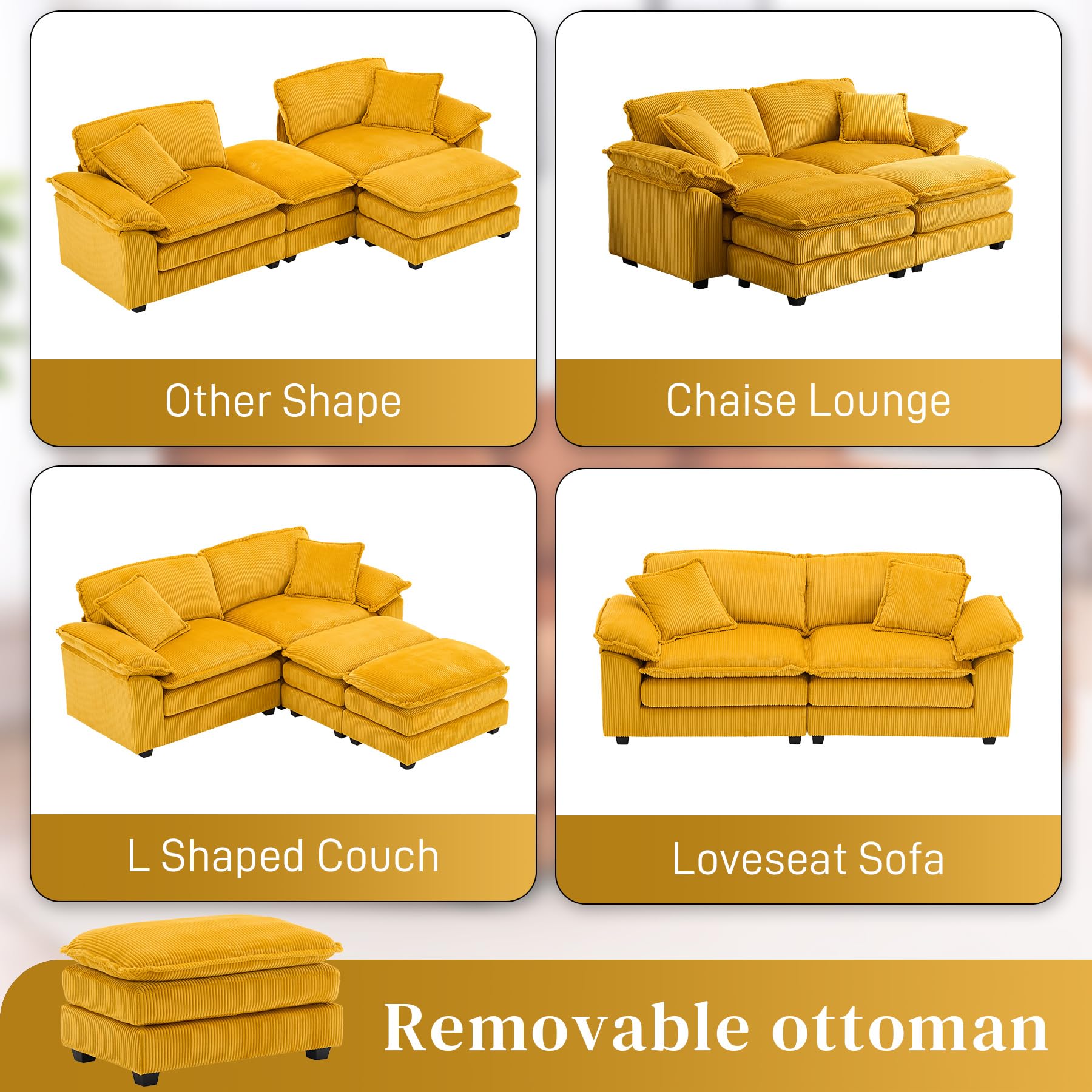 Wrofly Loveseat Sofa with Ottoman, 84.6" Comfy Upholstered Corduroy 2 Seater Chaise Lounge, Oversized Deep Seat Cloud Couch, Modern Modular Sectional Sofa for Living Room Apartment, Yellow