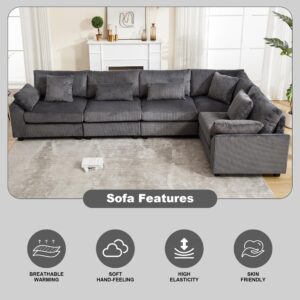 ATUMON 112" Oversized Corduroy Modular Sectional Sofa,L-Shaped Corner Couch with Detachable Cushion and 5 Throw Pillow,Deep Seat Comfy Upholstered Sofa (Dark Grey, 112" 5 Seater)