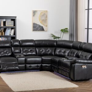 Kingway Power Recliner Chair Sectional Couches with LED Light for Living Room, Electric Faux Leather Reclining Sectional Couch Sets with Storage Console for Home, Black