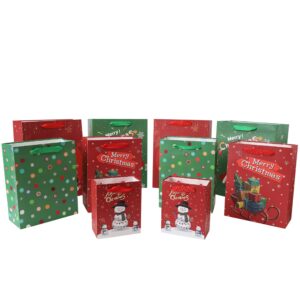 10-pack red green christmas gift bags assorted sizes with handles(4 large 13”, 4 medium 10.6”, 2 small 6.7”) santa claus, snowman, gift cart, trees and snowflake for gifts, decorations, holiday birthday, and parties, 10 pcs