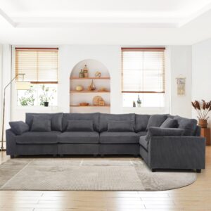 atumon 112" oversized corduroy modular sectional sofa,l-shaped corner couch with detachable cushion and 5 throw pillow,deep seat comfy upholstered sofa (dark grey, 112" 5 seater)