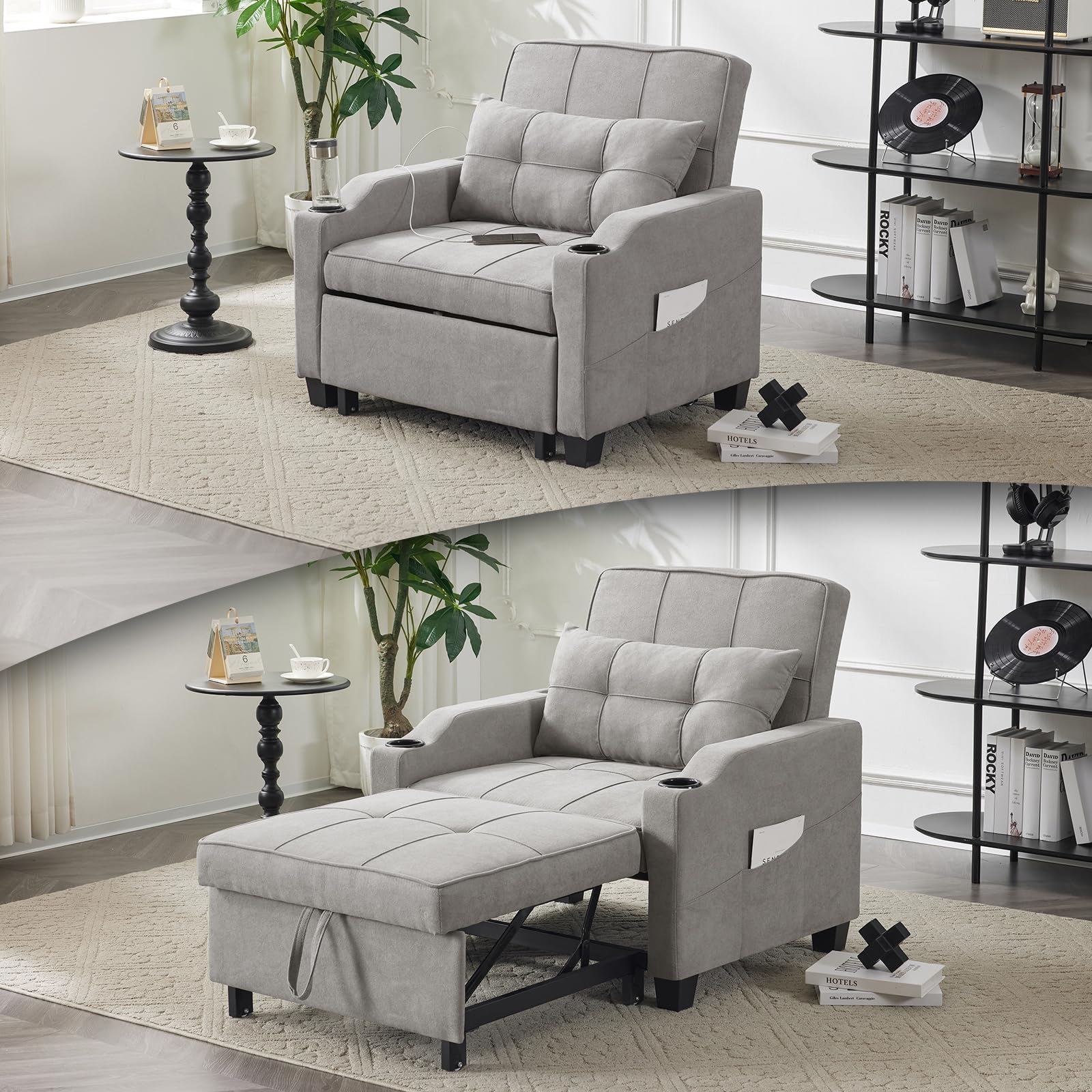 VINGLI Convertible Sleeper Chair 3-in-1 Sofa Bed Light Gray, Pull Out Couch Sleeper Sofa Recliner with USB Ports, Cup Holders, Side Pockets for Small Space Living Room, Bedroom