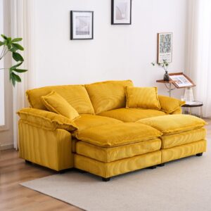 wrofly loveseat sofa with ottoman, 84.6" comfy upholstered corduroy 2 seater chaise lounge, oversized deep seat cloud couch, modern modular sectional sofa for living room apartment, yellow