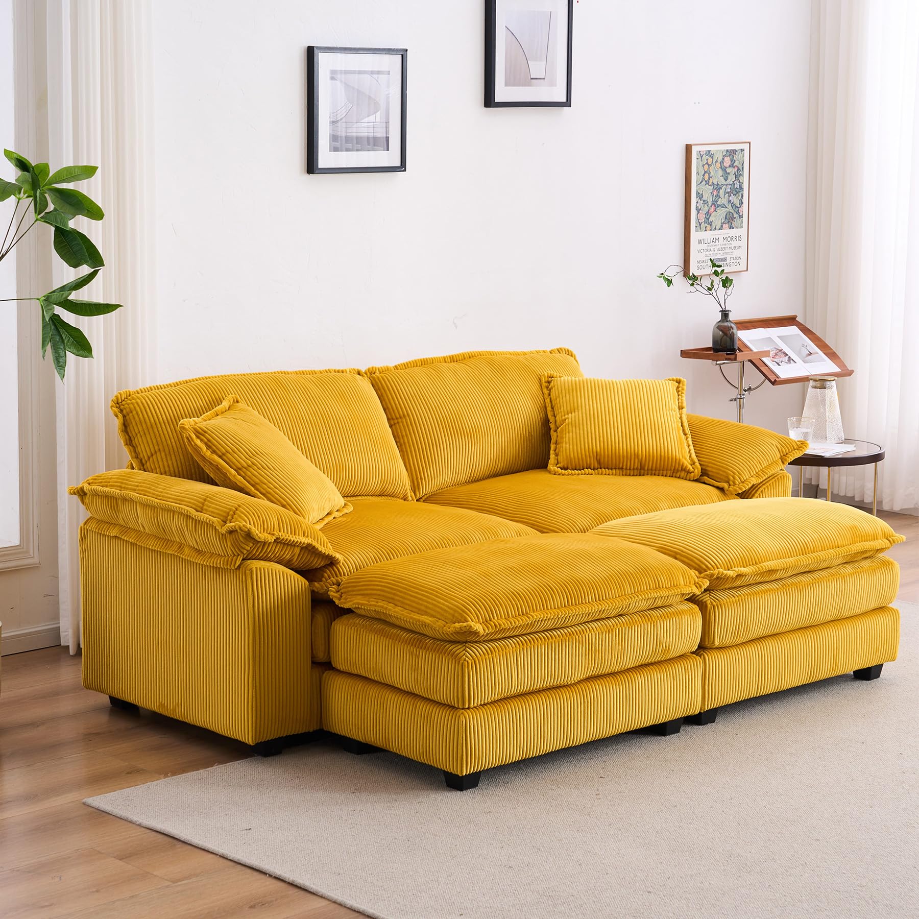 Wrofly Loveseat Sofa with Ottoman, 84.6" Comfy Upholstered Corduroy 2 Seater Chaise Lounge, Oversized Deep Seat Cloud Couch, Modern Modular Sectional Sofa for Living Room Apartment, Yellow