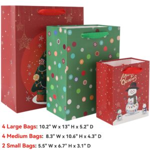 10-Pack Red Green Christmas Gift Bags Assorted Sizes with Handles(4 Large 13”, 4 Medium 10.6”, 2 Small 6.7”) Santa Claus, Snowman, Gift cart, Trees and Snowflake for Gifts, Decorations, Holiday Birthday, And Parties, 10 Pcs