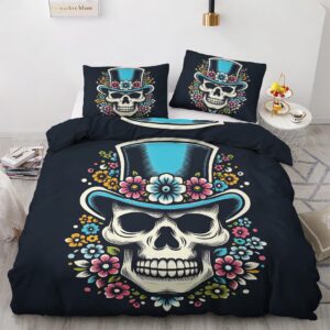 zcwl day of the dead duvet cover queen size | hat skull floral bedding set | 3 piece | soft microfiber patterned comforter cover with zipper ties & 2 pillowcases | mexican bedroom decor