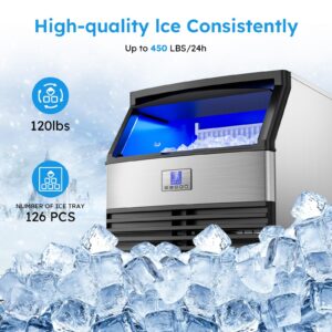 Commercial Ice Maker Machine 450 Lbs/24H, Ice Maker Commercial Stainless with 120 Lbs Storage, Freestanding Ice Maker Machine Ready Ice Cubes in 8-10 Mins, Thicknesses Adjustable