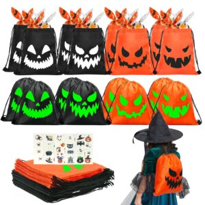 tinrbip 16 pcs halloween favor bags, glow in the dark ghost treat bags, 11.8 x 13.8 inch spooky face trick drawstring bag, luminous goodie backpack bags for classroom halloween party supplies