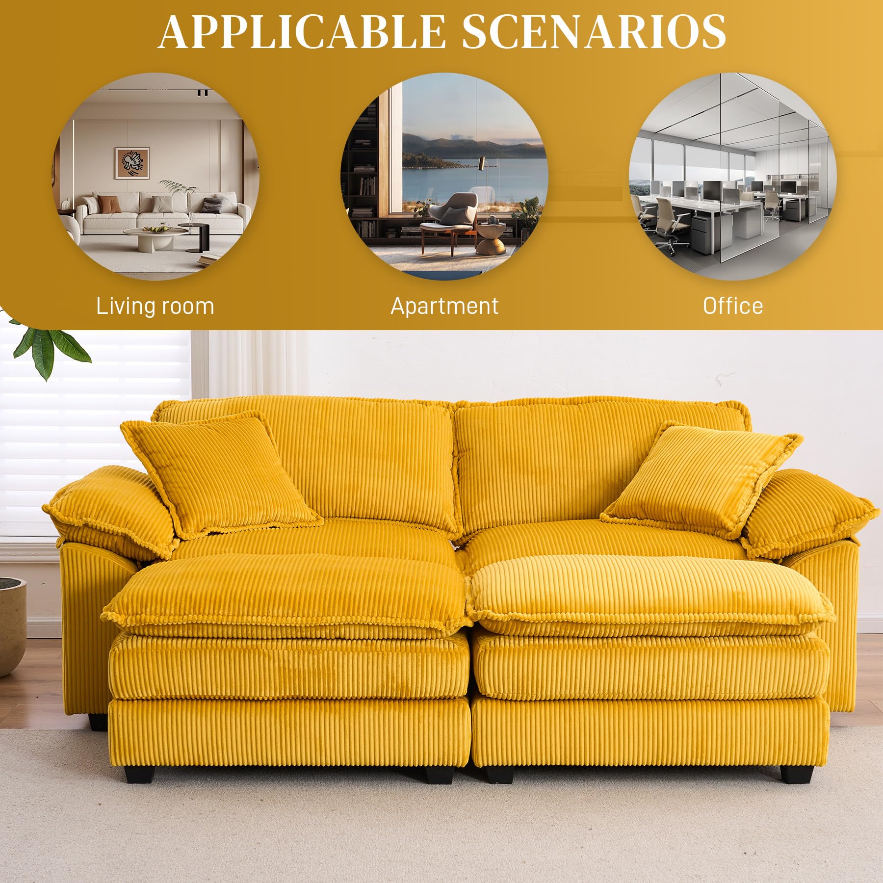 Wrofly Loveseat Sofa with Ottoman, 84.6" Comfy Upholstered Corduroy 2 Seater Chaise Lounge, Oversized Deep Seat Cloud Couch, Modern Modular Sectional Sofa for Living Room Apartment, Yellow