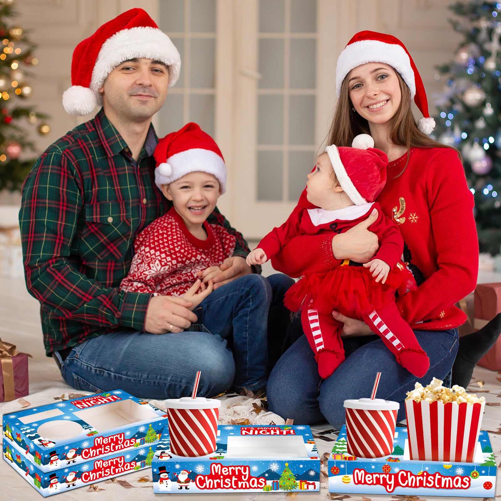 32Pcs Christmas Party Supplies Movie Night Paper Snacks Boxes Xmas Movie Theater Snack Tray Party Decorations Movie Popcorn Drink Holder Set for Christmas Xmas Tree Snowman Birthday Holiday Party