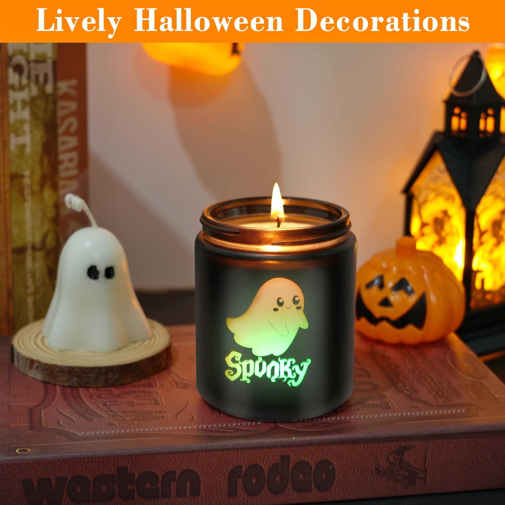 Halloween Candles Ghost Decorations, Fall Candles for Home, Halloween Candle with Cute Ghosts Print Changing Lights, Spooky Halloween Gifts for Women, 9oz Natural Lavender Candle