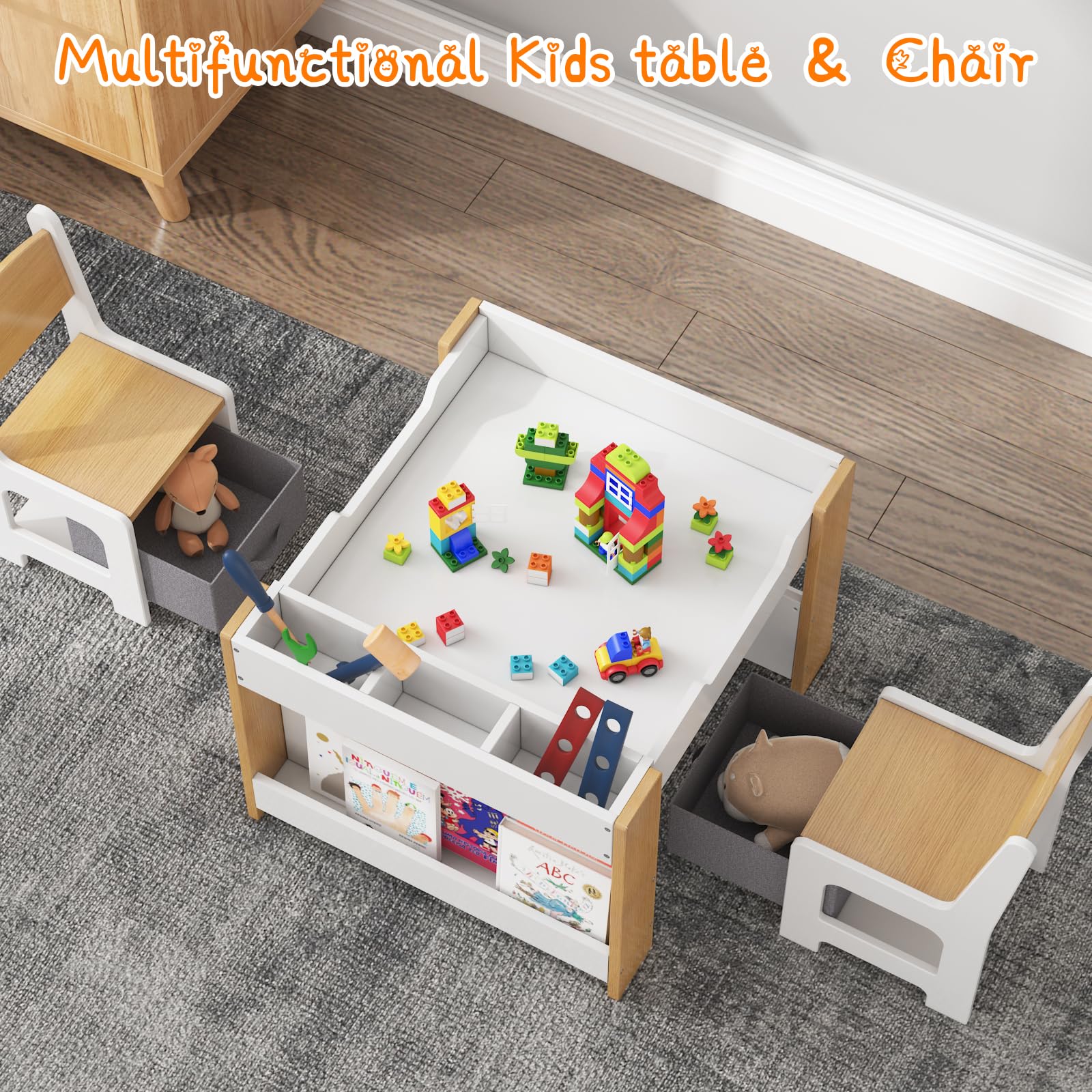 GarveeHome Kids Table and Chair Set, 4 in 1 Wooden Activity Table & 2 Chairs with Storage Drawer Detachable Tabletop for Toddlers Kids Drawing, Reading, Crafts, Art,Homework, Nursery, Playroom