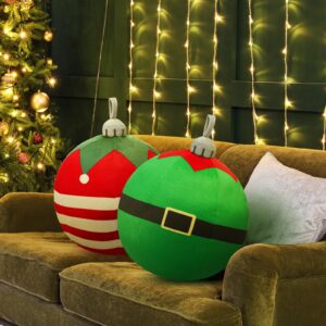 Cinnvoice 2 Pcs Christmas Bell Pillow 9.8 Inch Xmas Round Throw Pillow Elf Balls Velvet Pillows Christmas Home Gift Holiday Decor Cushion for Couch Chair Bed Bedroom Living Room Decoration