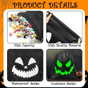 Tinrbip 16 Pcs Halloween Favor Bags, Glow in The Dark Ghost Treat Bags, 11.8 x 13.8 Inch Spooky Face Trick Drawstring Bag, Luminous Goodie Backpack Bags for Classroom Halloween Party Supplies