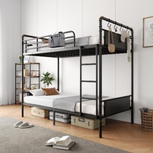 jocoevol metal bunk bed twin over twin, industrial bunkbeds with heavy duty bed with safety guard rails and space-saving design, steel bed for school, bedroom (black)