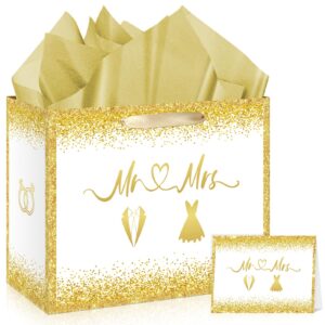 wedding gift bag bridal shower gift bags bride gift bag large mrs and mr gift bag white gold wrapping paper bag with tissue paper card bridal anniversary wedding engagement shower gift bag for couple