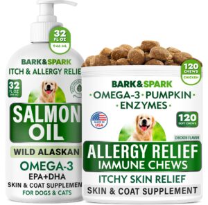 salmon oil + allergy relief bundle - skin & coat support + anti-itch skin - omega 3 fish oil + epa & dha fatty acids - immune & heart health + itching & paw licking - 32 oz + 180 chews - made in usa